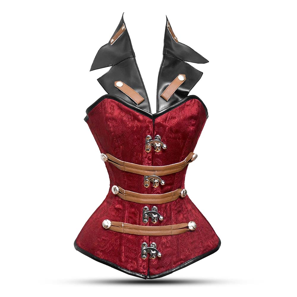 Black and Red corset - Over Bust Corset with Leather Collars